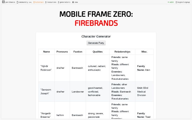 MOBILE FRAME ZERO: FIREBRANDS ― Perchance Generator