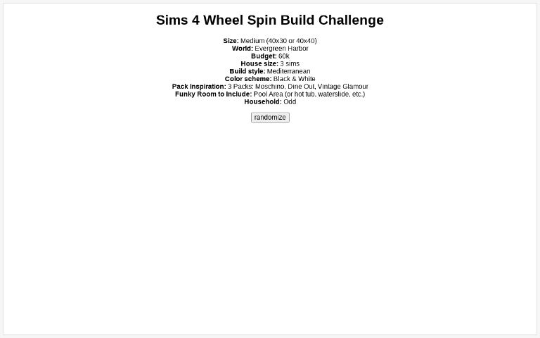Sims 4 Wheel Spin Build Challenge ― Perchance Generator