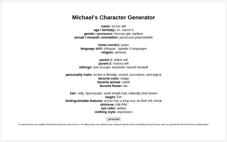 Michael's Character Generator