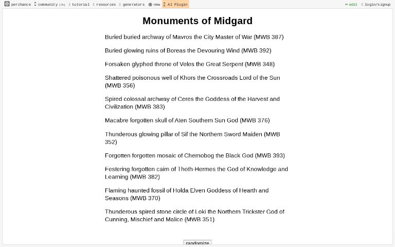 Monuments of Midgard ― Perchance Generator