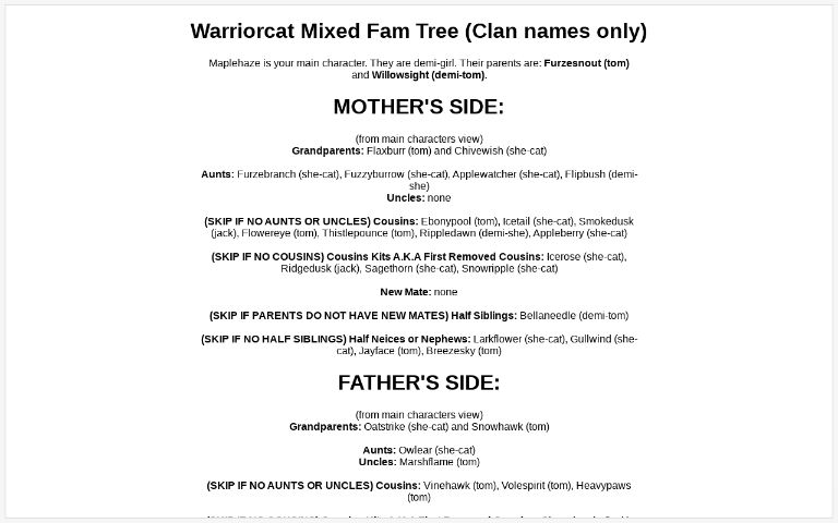 Warriorcat Mixed Fam Tree (Clan names only) ― Perchance Generator