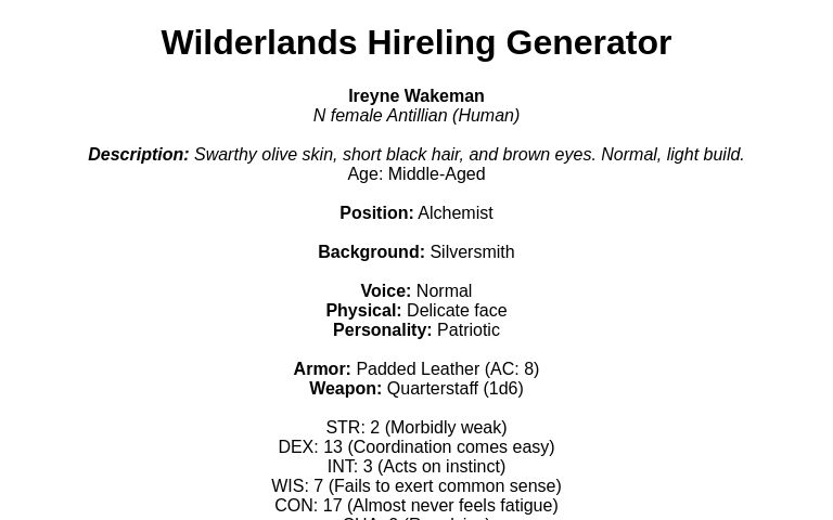 Wilderlands Hireling Generator