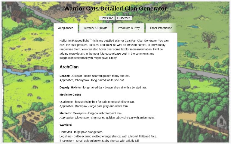 Warrior Cats Detailed Clan Generator