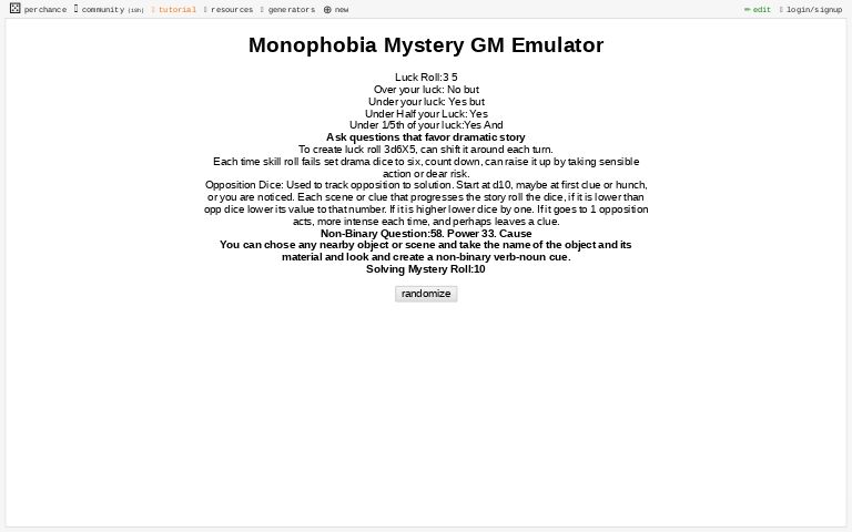 Monophobia Mystery GM Emulator ― Perchance Generator