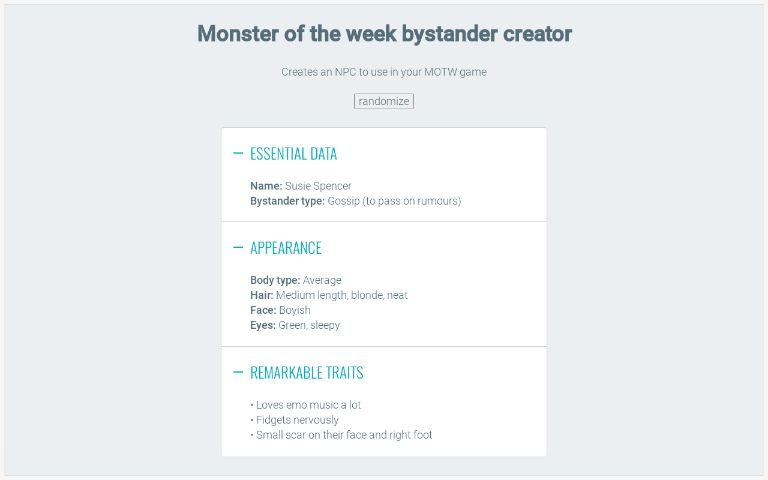 Monster of the week bystander creator ― Perchance Generator