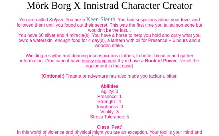 Mork Borg Innistrad Character Creator ― Perchance Generator