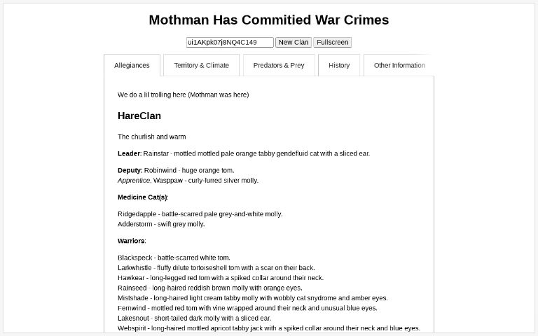 Mothman Has Commitied War Crimes ― Perchance Generator