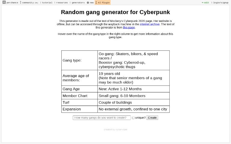 Random gang generator for Cyberpunk