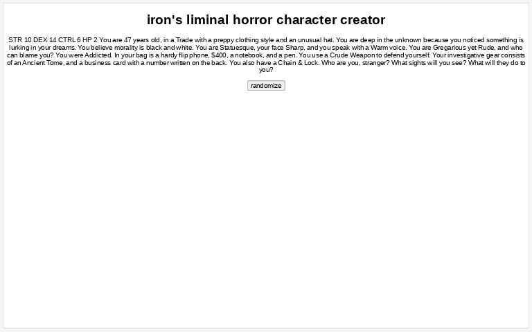 iron's liminal horror character creator ― Perchance Generator