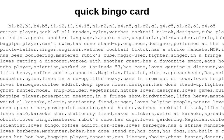 quick bingo card ― Perchance Generator