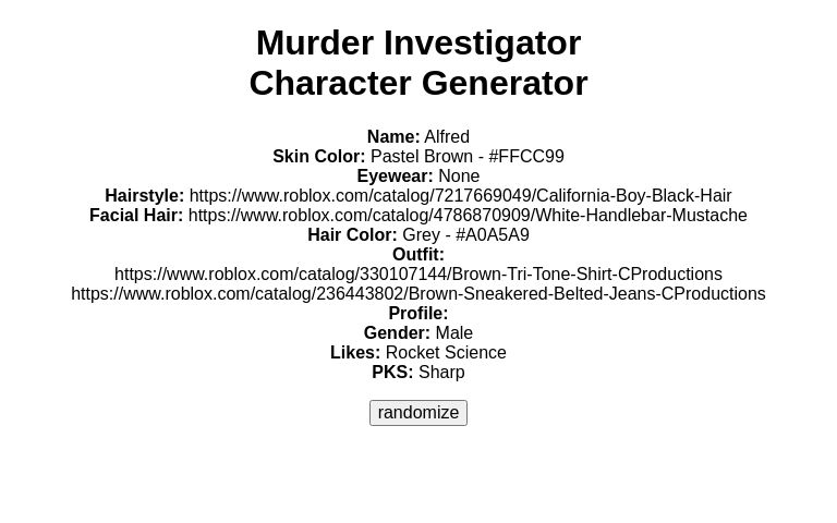 Murder InvestigatorCharacter Generator