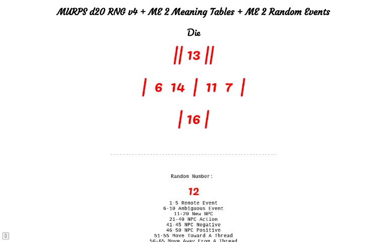 MURPS d20 RNG v4 + ME 2 Meaning Tables + ME 2 Random Events ― Perchance ...