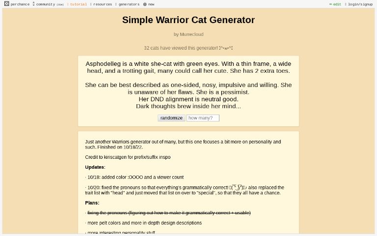 Simple Warrior Cat Generator