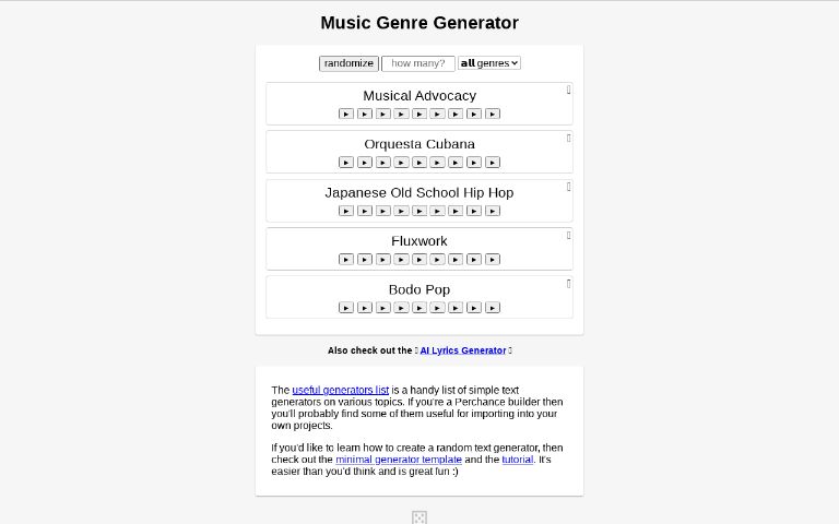 🎵 Music Genre Generator (5000 Genres + 𝗘𝘅𝗮𝗺𝗽𝗹𝗲 𝗦𝗼𝗻𝗴𝘀)