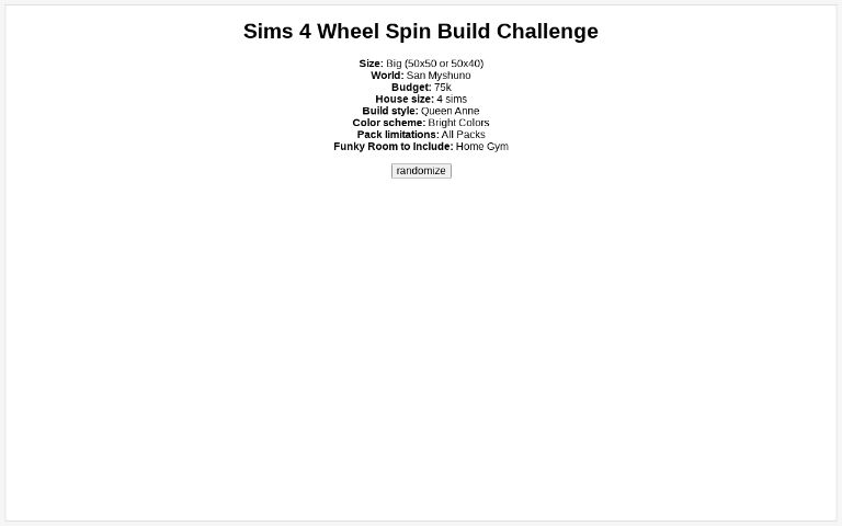 Sims 4 Wheel Spin Build Challenge ― Perchance Generator