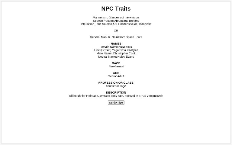 NPC Traits ― Perchance Generator