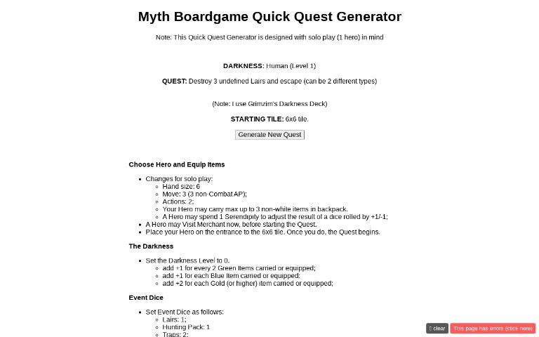 Myth Boardgame Quick Quest Generator