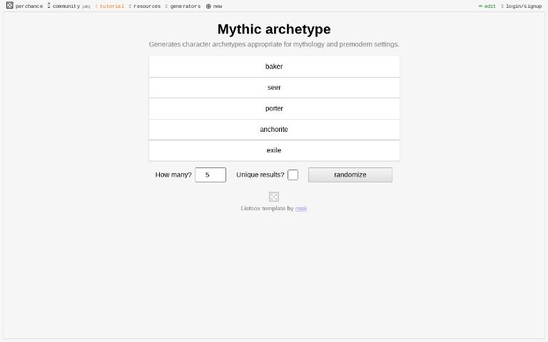 Mythic archetype ― Perchance Generator