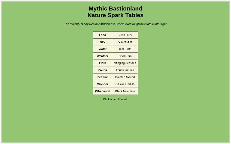 Mythic BastionlandNature Spark Tables ― Perchance Generator