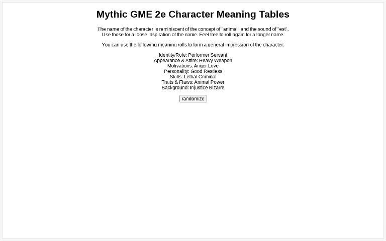 Mythic GME 2e Character Meaning Tables ― Perchance Generator