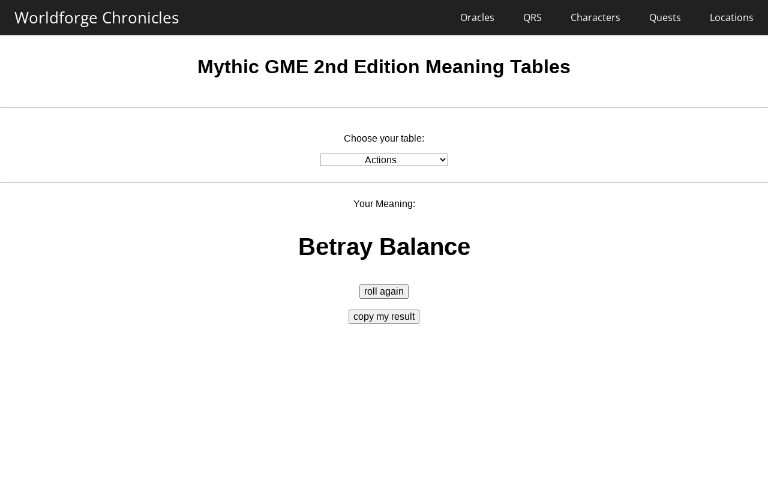 Mythic GME 2nd Edition Meaning Tables ― Perchance Generator