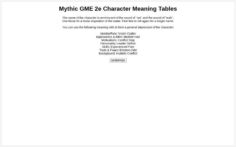 Mythic GME 2e Character Meaning Tables ― Perchance Generator