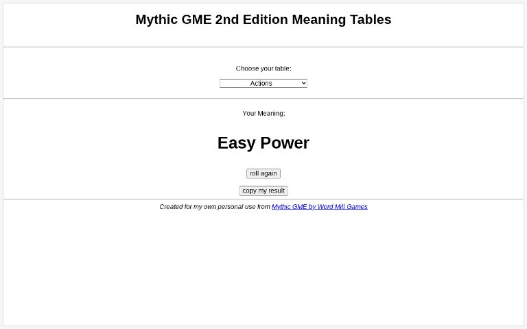 Mythic GME 2nd Edition Meaning Tables ― Perchance Generator