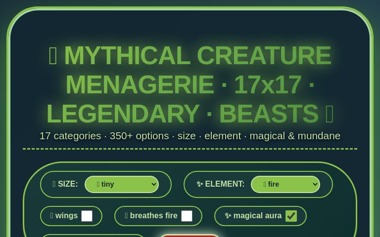 🦄 MYTHICAL CREATURE MENAGERIE · 17x17 · LEGENDARY · BEASTS 🦄 ...