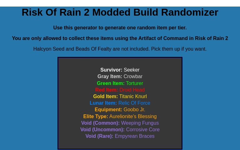 Risk Of Rain 2 Modded Build Randomizer ― Perchance Generator