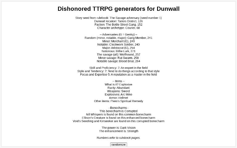 Dishonored TTRPG generators for Dunwall ― Perchance