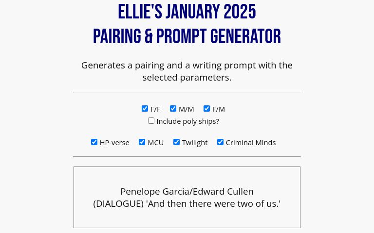 Ellie's January 2025 Pairing & Prompt Generator