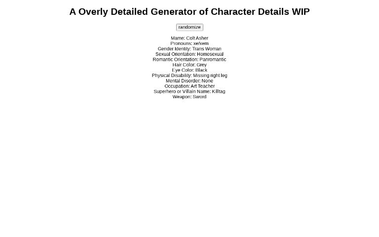 A Overly Detailed Generator of Character Details WIP