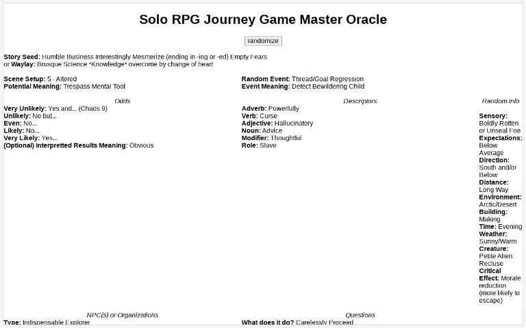 Solo RPG Journey Game Master Oracle ― Perchance Generator