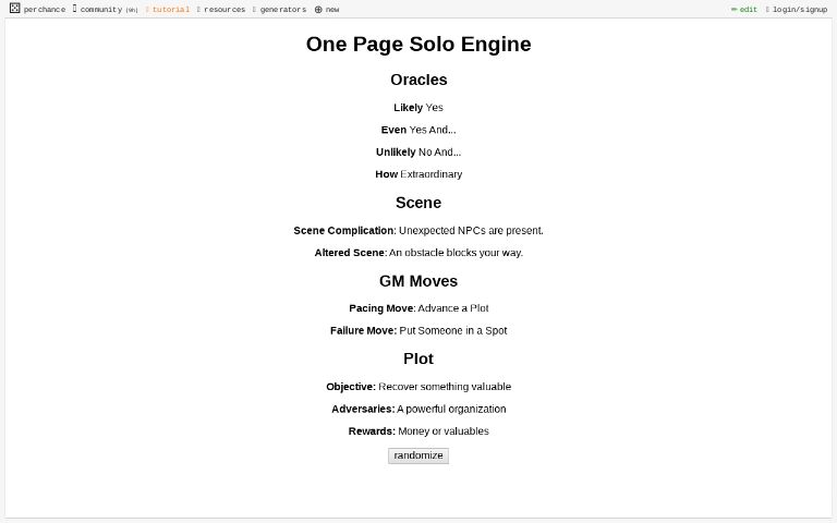 One Page Solo Engine ― Perchance Generator