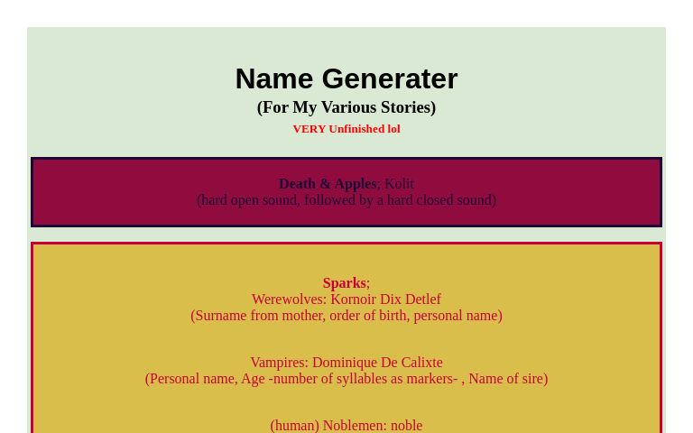 Name Generater (For My Various Stories)