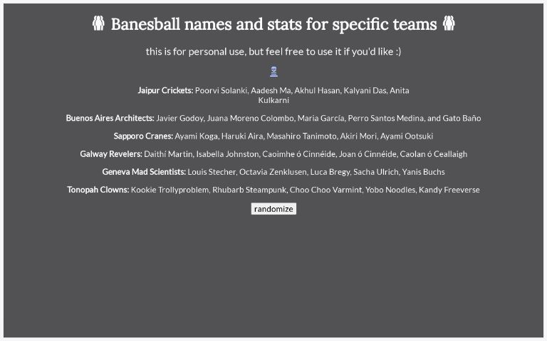 Banesball names and stats for specific teams ― Perchance Generator