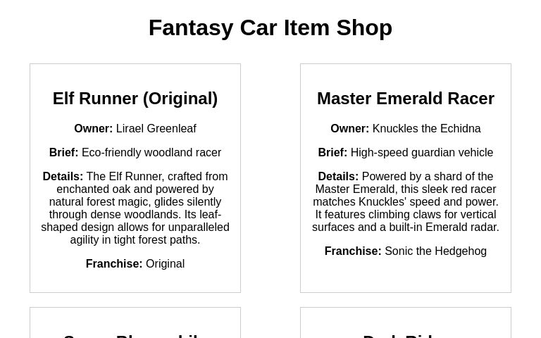 Fantasy Car Item Shop ― Perchance Generator