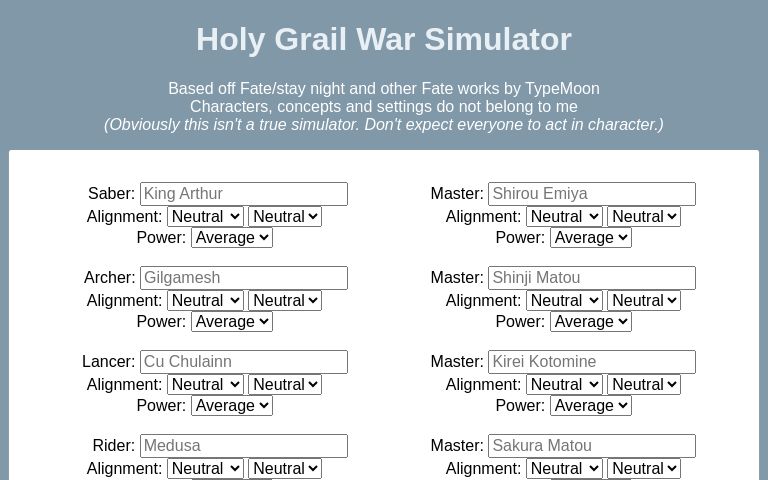 Holy Grail War Simulator ― Perchance Generator