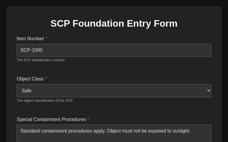 SCP Foundation Entry Form ― Perchance Generator