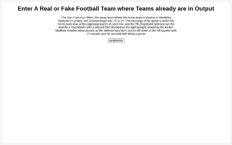 Enter A Real or Fake Football Team where Teams already are in Output ...