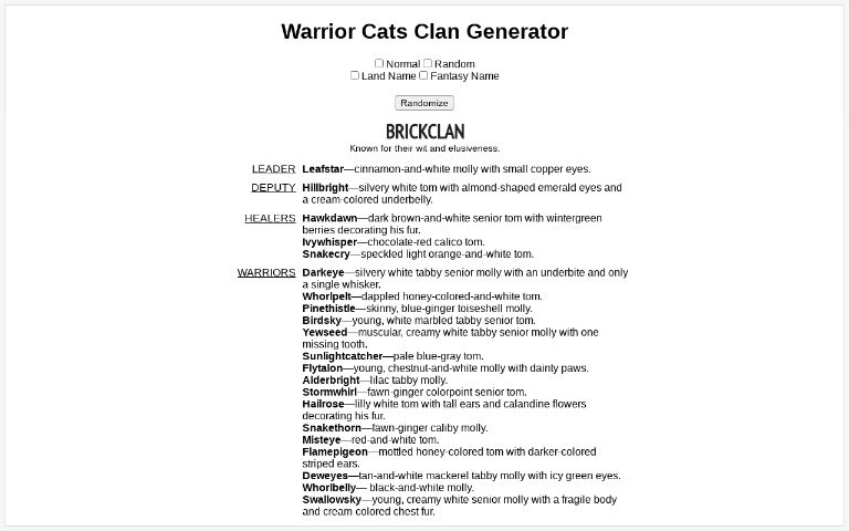 Warrior Cats Clan Generator