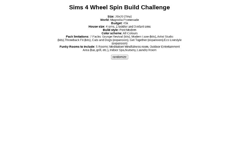 Sims 4 Wheel Spin Build Challenge ― Perchance Generator