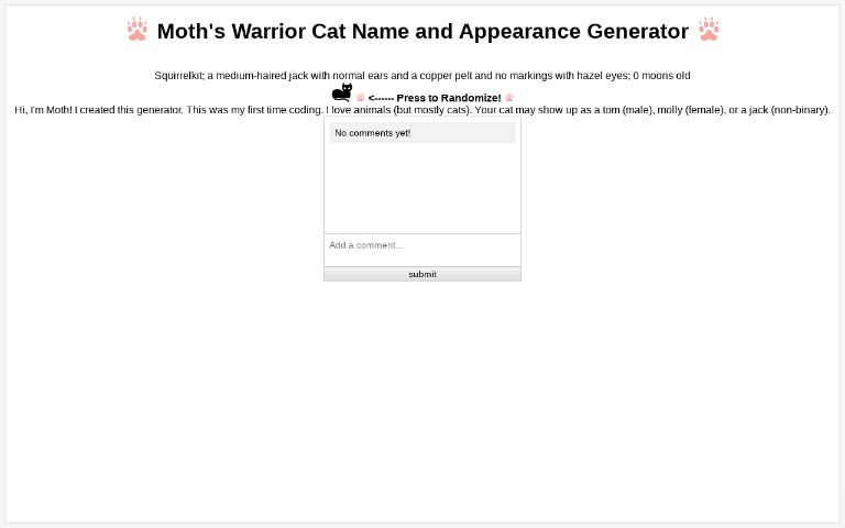 Moth's Warrior Cat Name and Appearance Generator