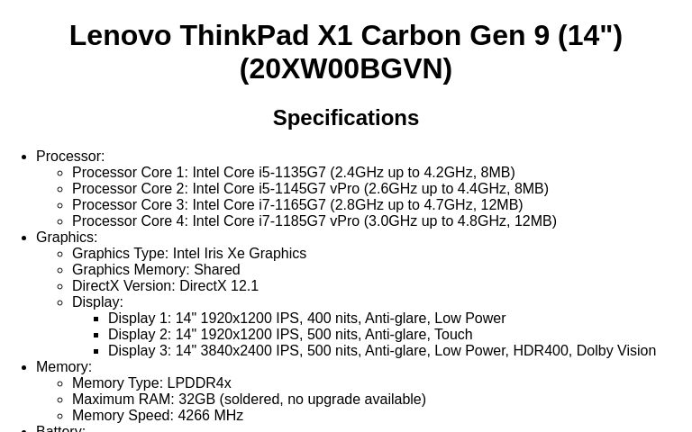 Lenovo ThinkPad X1 Carbon Gen 9 (14") (20XW00BGVN)