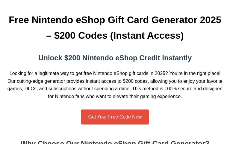 Free Nintendo eShop Gift Card Generator 2025 – $200 Codes (Instant Access)