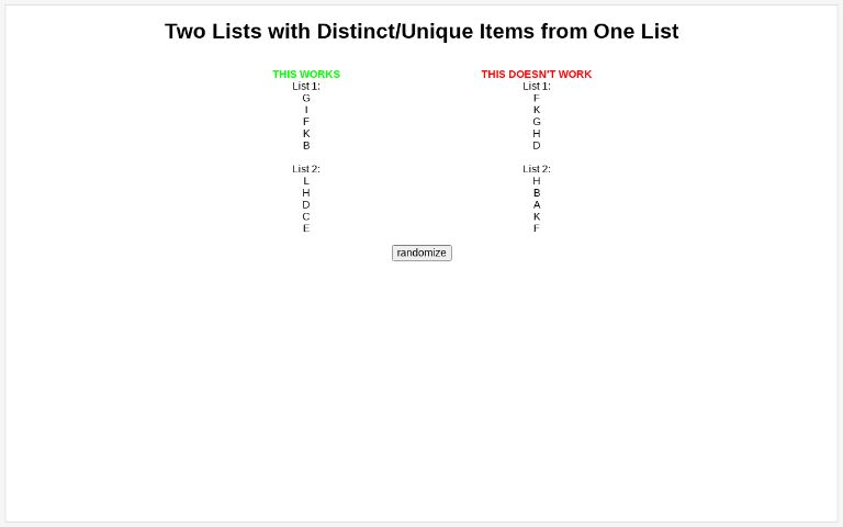 Two Lists with Distinct/Unique Items from One List ― Perchance Generator