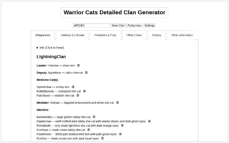 Warrior Cats Detailed Clan Generator