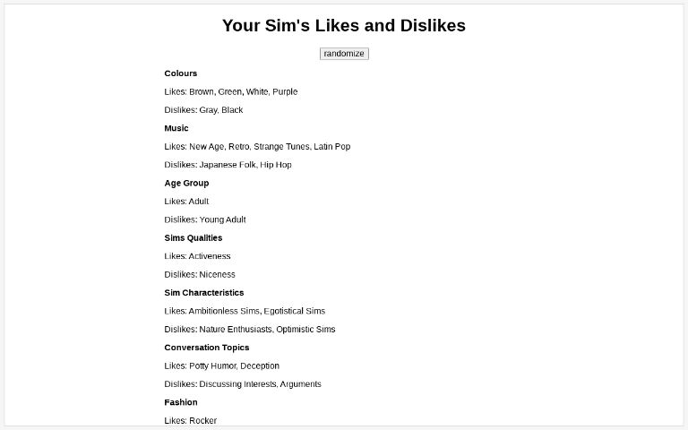Your Sim's Likes and Dislikes ― Perchance Generator