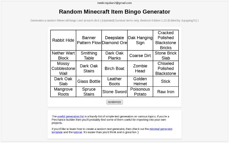Random Minecraft Item Bingo Generator