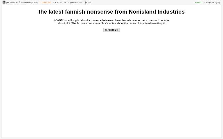 the latest fannish nonsense from Nonisland Industries ― Perchance Generator